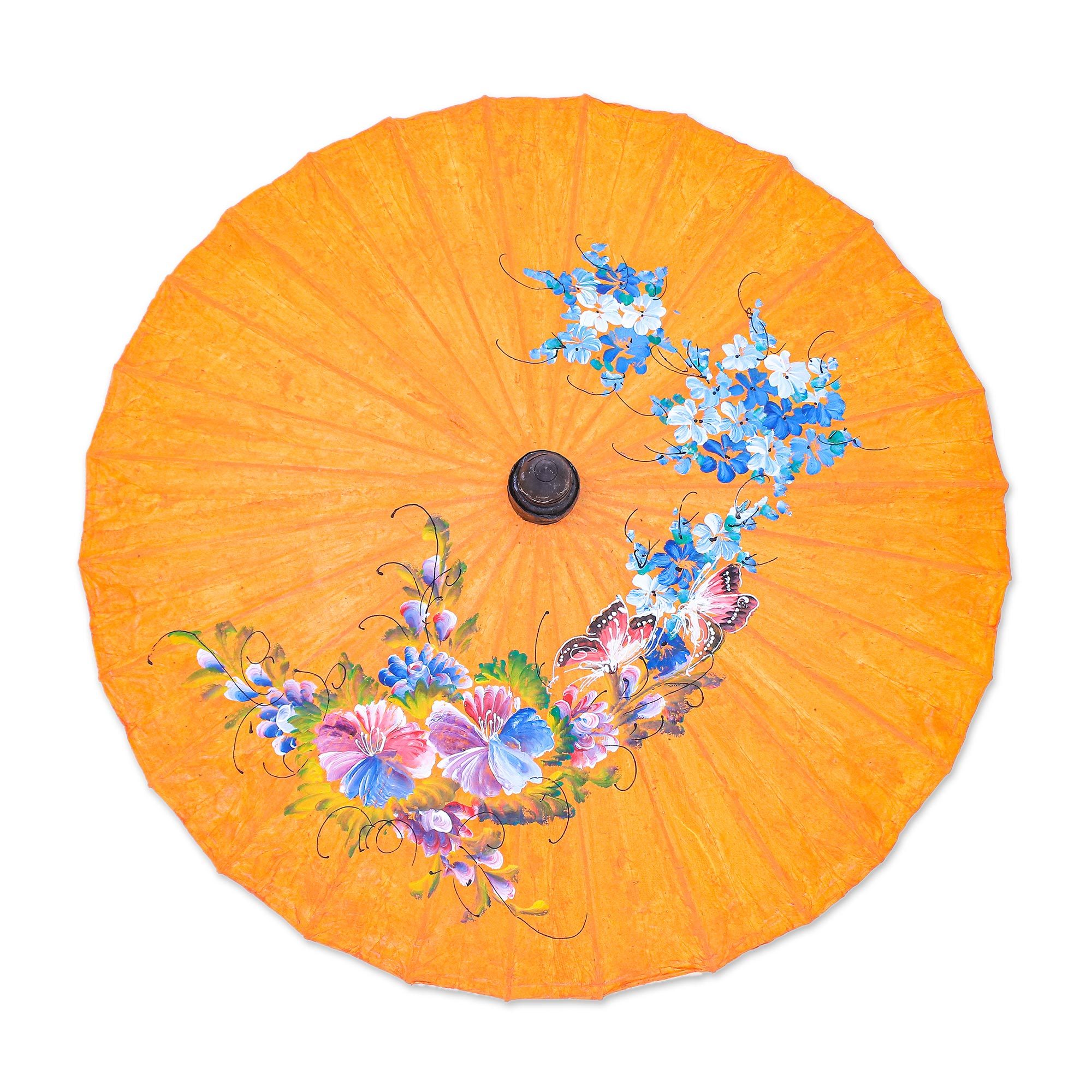 Hand-Crafted Saa Paper Parasol with Bamboo Handle - Orange Flora | NOVICA