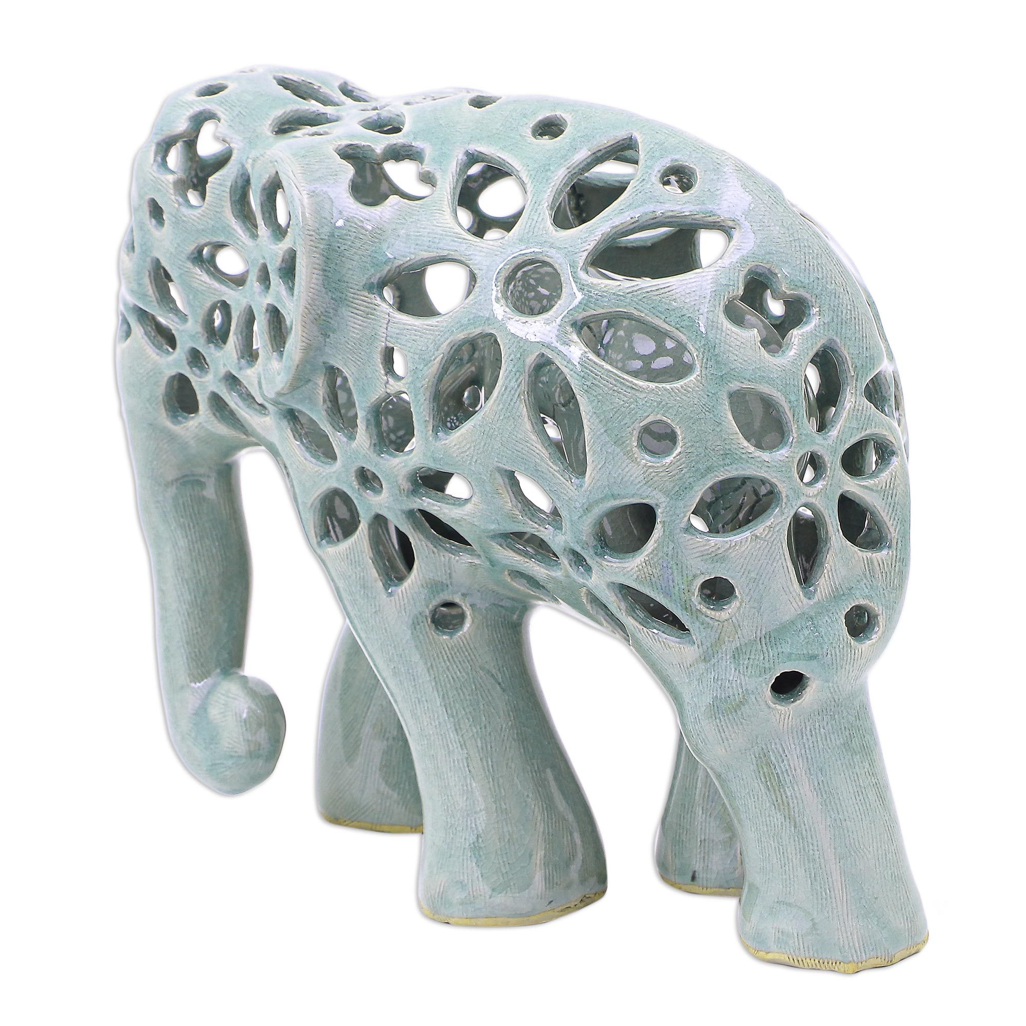 Hand Crafted Celadon Ceramic Elephant Sculpture - Flowering Elephant ...