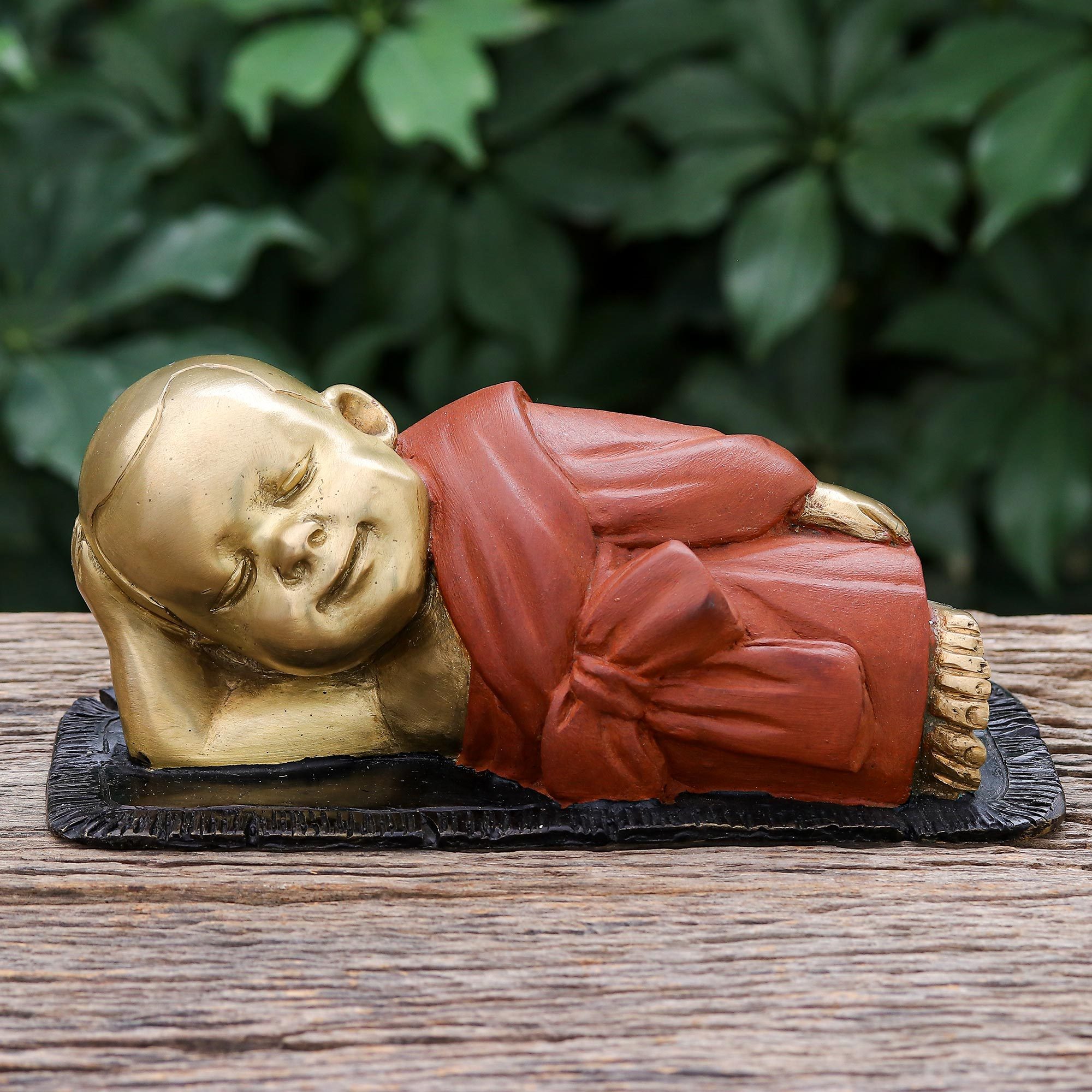 Hand Made Brass Monk Sculpture - Sleepy Monk in Orange | NOVICA