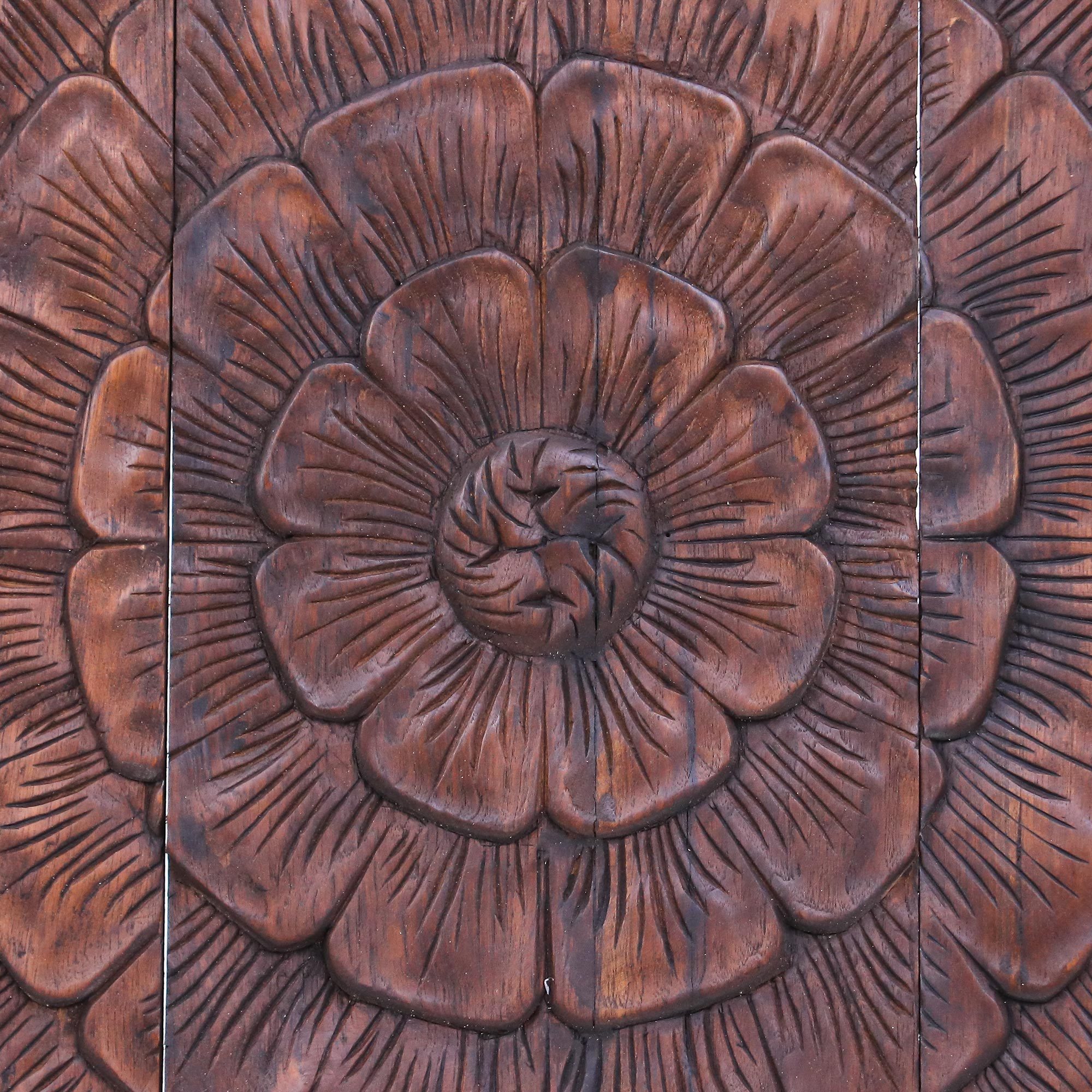 Reclaimed Teak Wood Lotus-Motif Relief Panel (Set of 5) - Classic Lotus ...