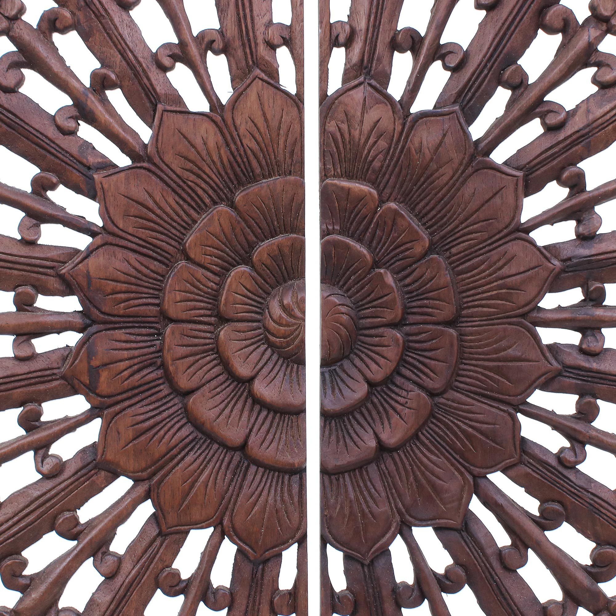 Hand Carved Teak Wood Relief Panels (Set of 4) - Modern Lotus | NOVICA