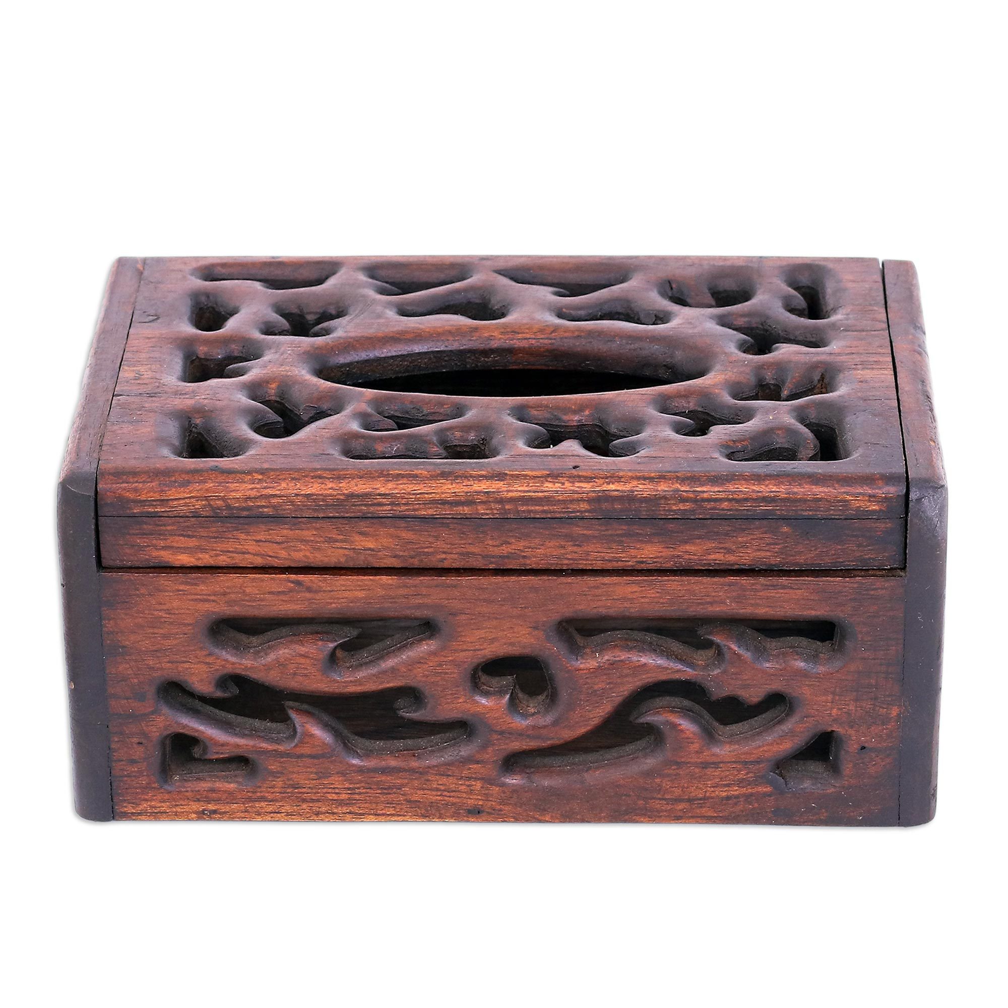 Hand-Carved Teak Wood Tissue Box Cover in Brown - Fancy Teak | NOVICA
