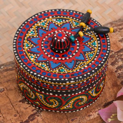 Round Red Decorative Box Made from Mango Wood - Intense Moments | NOVICA