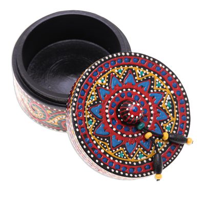 Round Red Decorative Box Made from Mango Wood - Intense Moments | NOVICA